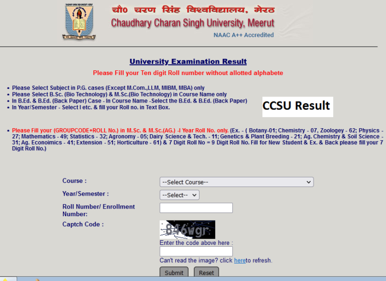 CCSU Result 2025 BA 1st 2nd 3rd Year BSC BCOM Marksheet Online