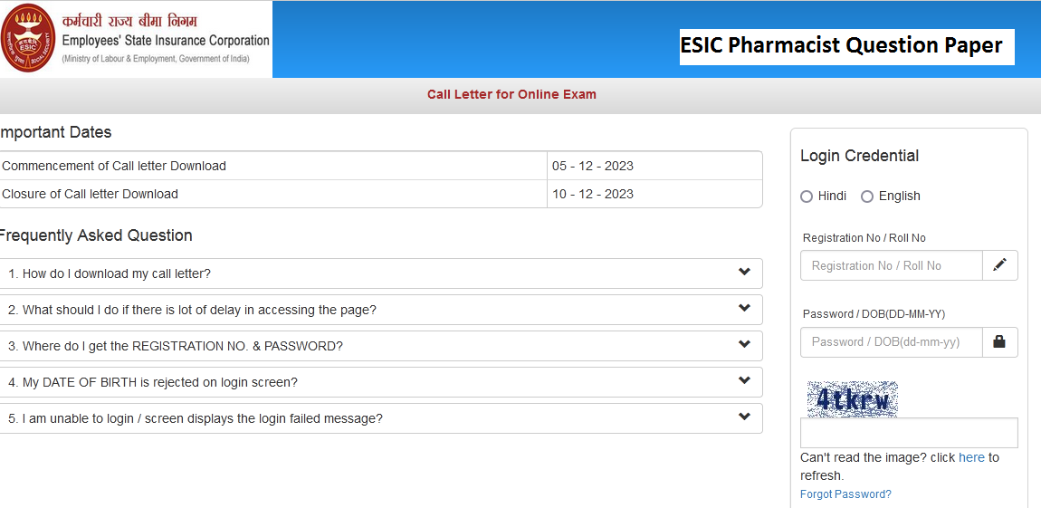 ESIC Pharmacist Question Paper Download PDF