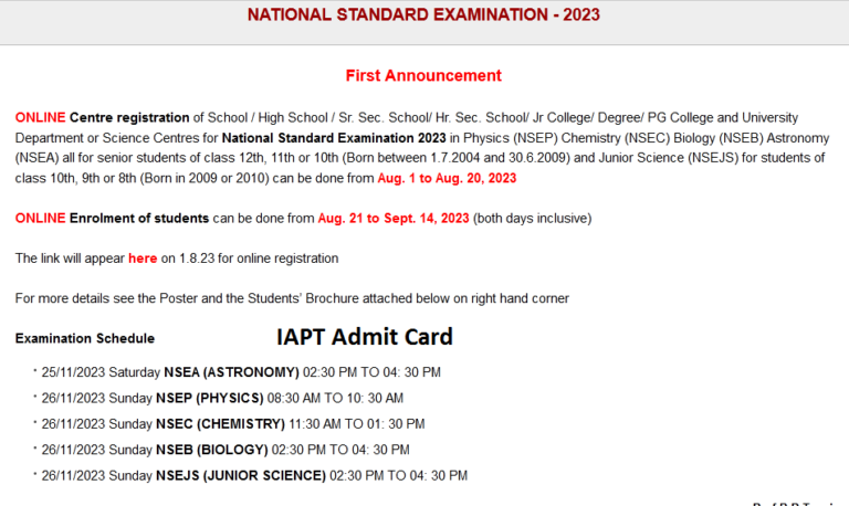 IAPT Admit Card 2023 Download Exam Date & Hall Ticket @www.iapt.org.in