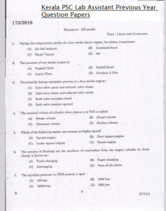 Kerala PSC Lab Assistant Previous Year Question Papers Download PDF