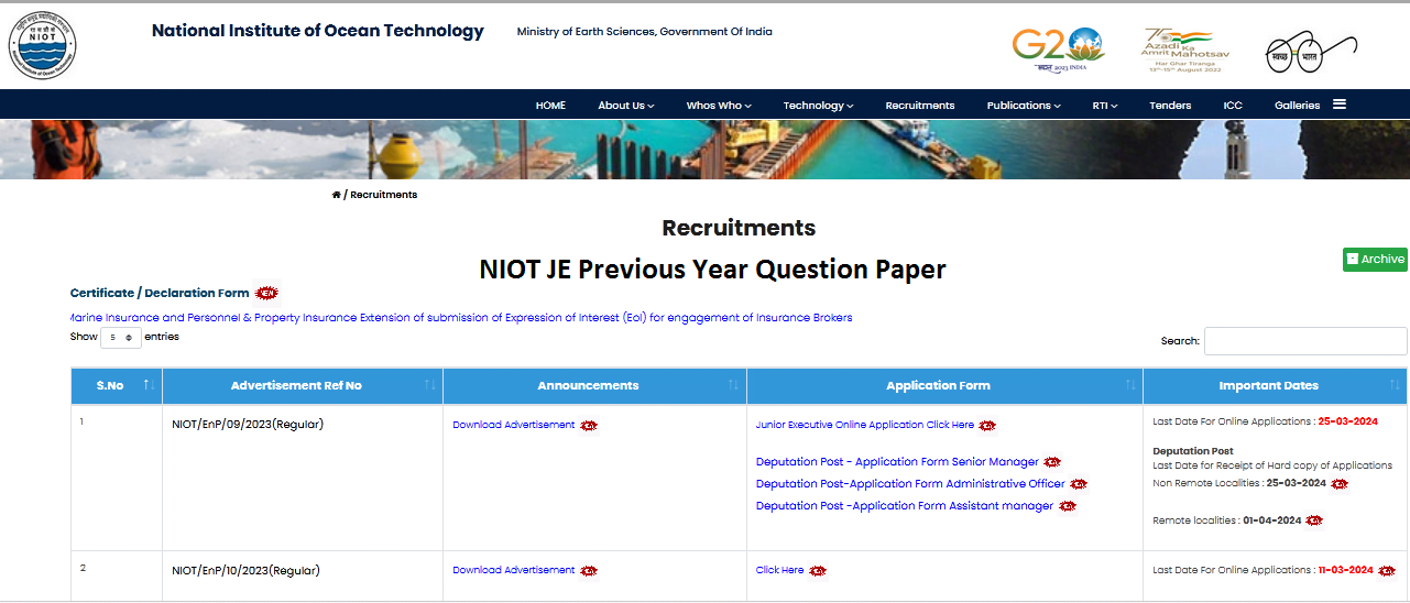 NIOT JE Previous Year Question Paper Download PDF