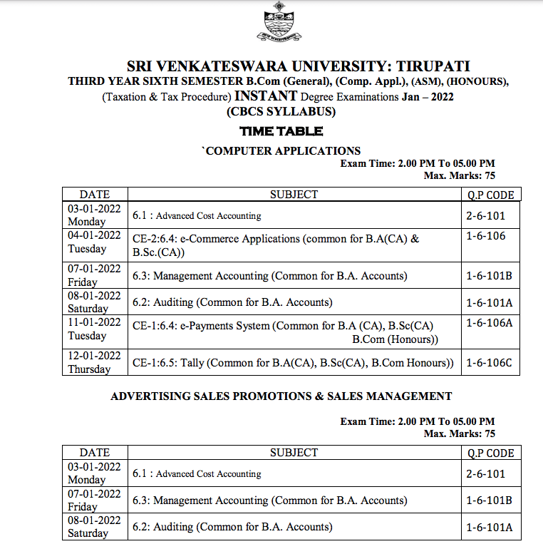 SV University Time Table 2023 SVU Degree Semester Exam Date BA BSc SV University Time Table 2023 SVU Degree Semester Exam Date BA BSc