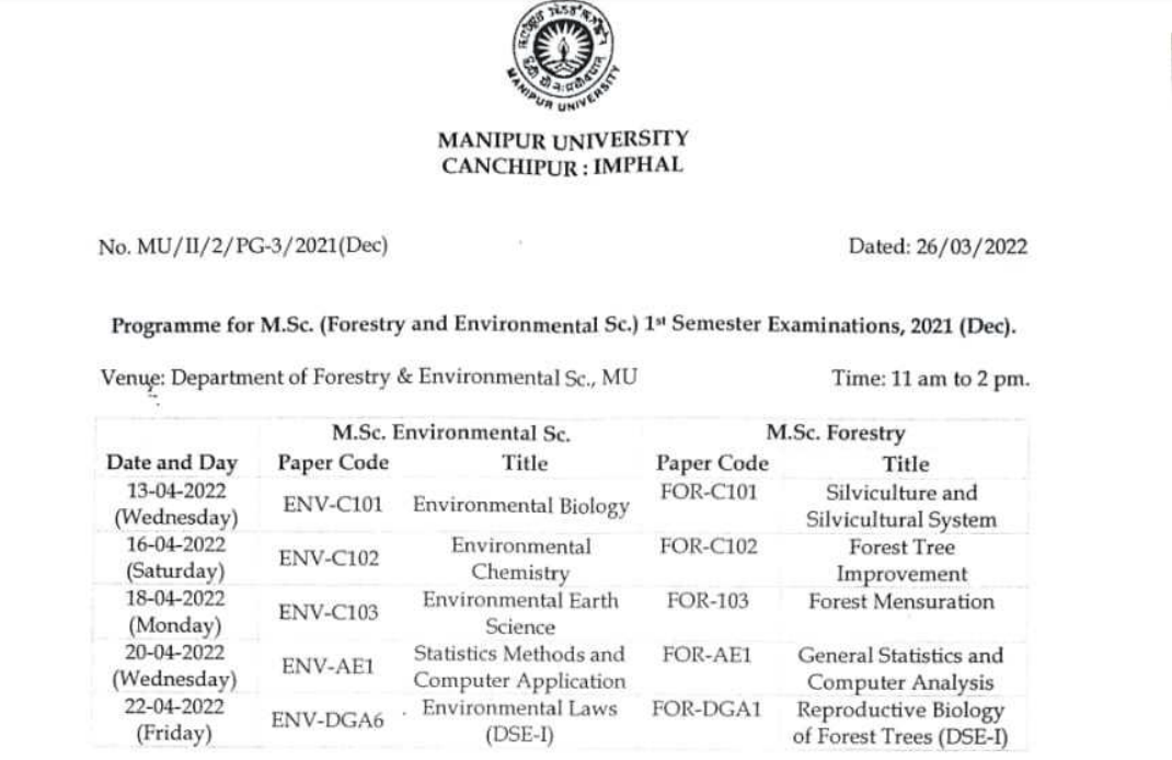 Manipur University Exam Routine 2025 {Out} Time Table Semester BA BSc BCom