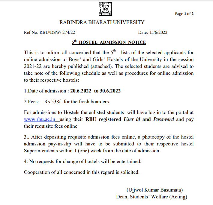 Rabindra Bharati University Merit List 2023| RBU Provisional Admission ...
