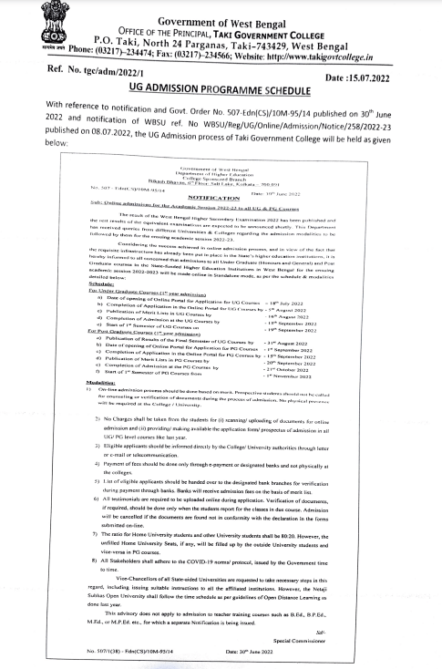 Taki Govt College Merit List 2022 | {out} List BA, BSc, BCom tgc.ac.in
