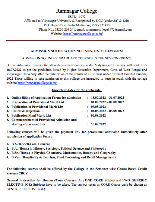 Ramnagar College Merit List 2023; {3rd August 2023} Final Admission ...