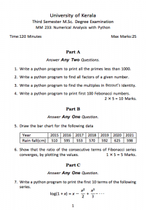 Kerala University Previous Year Question Papers - UG/PG Course Download PDF