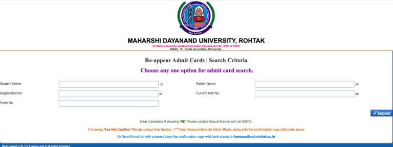 MDU Admit Card 2025 BA BSc BCom 1st 2nd 3rd Year Semester @www.mdu.ac.in