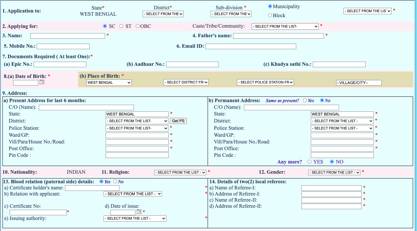 WB Caste Certificate 2023 Online Application Status Check