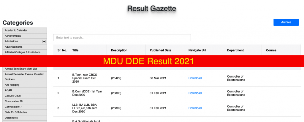 MDU DDE Result 2022 | BA BCom MA MSc 1st 2nd 3rd Year {Published}