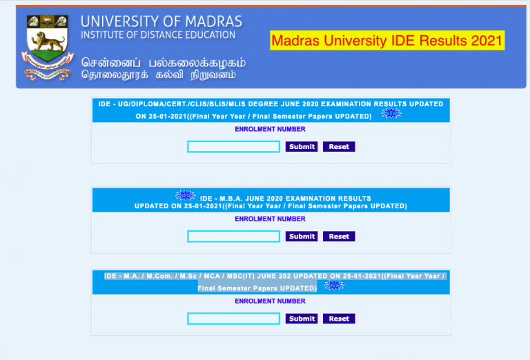 Madras University IDE Results 2023 ; Distance Education Result PG UG ...