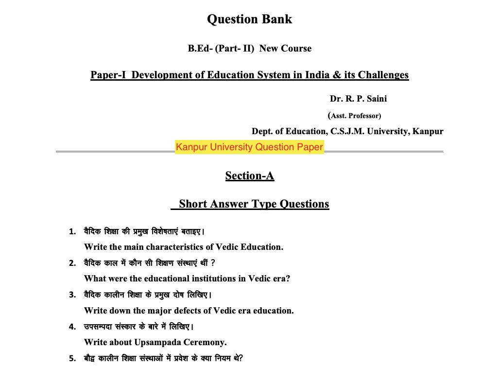 Kanpur University Question Paper Download PDF UG PG Semester