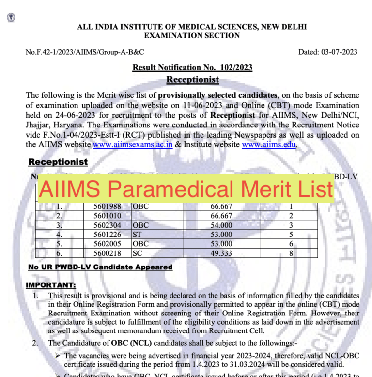 AIIMS Paramedical Result 2023 Check Cut Off Marks & Merit List {Link Out} AIIMS Paramedical Result 2023 Check Cut Off Marks & Merit List {Link Out}