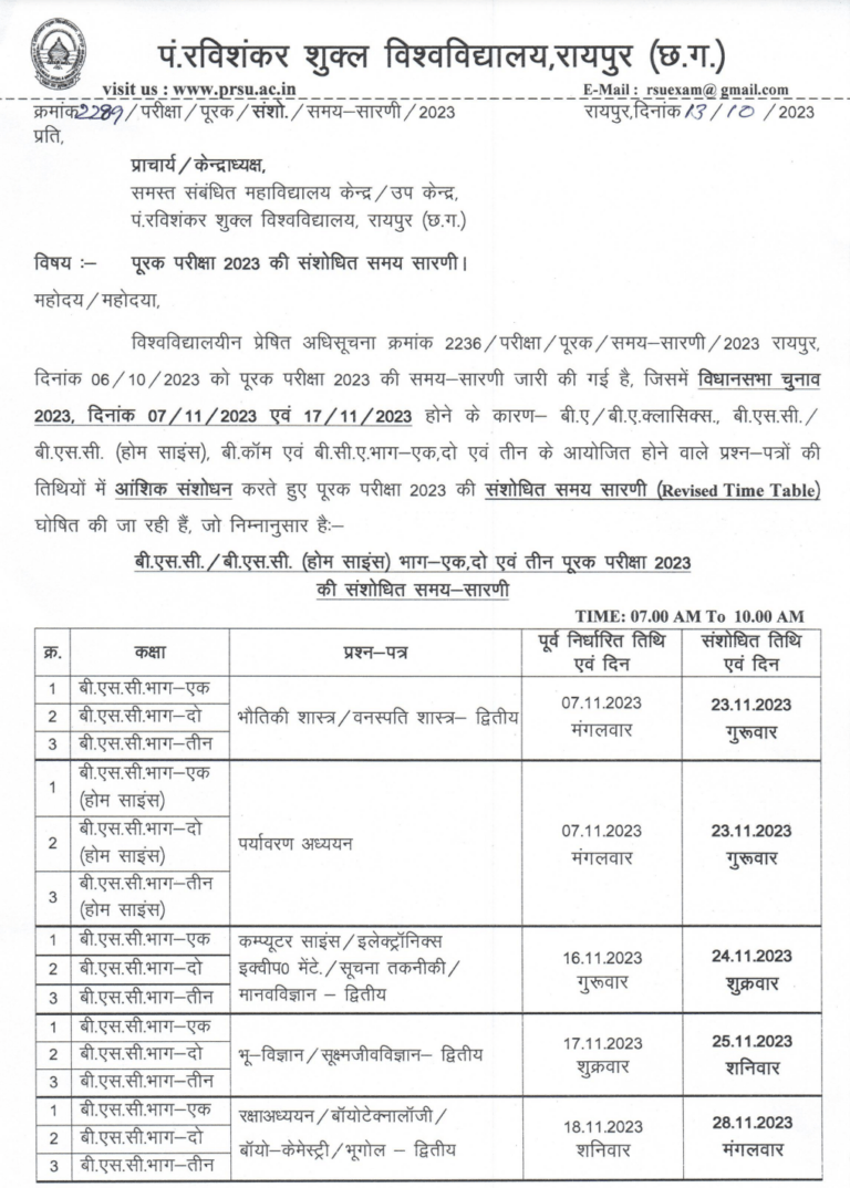 PRSU Supply Time Table 2024 Download BA BSc BCom 1st 3rd & 5th Semester ...