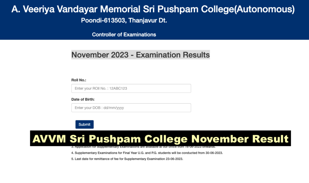 AVVM Sri Pushpam College Result 2023 Download {Nov} UG PG Merit List & Cut Off