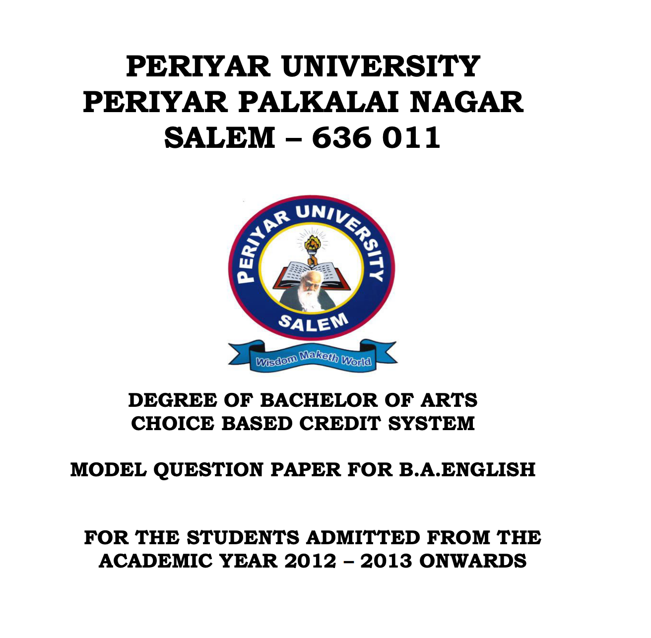 Periyar University Question Paper Download UG / PG PDF