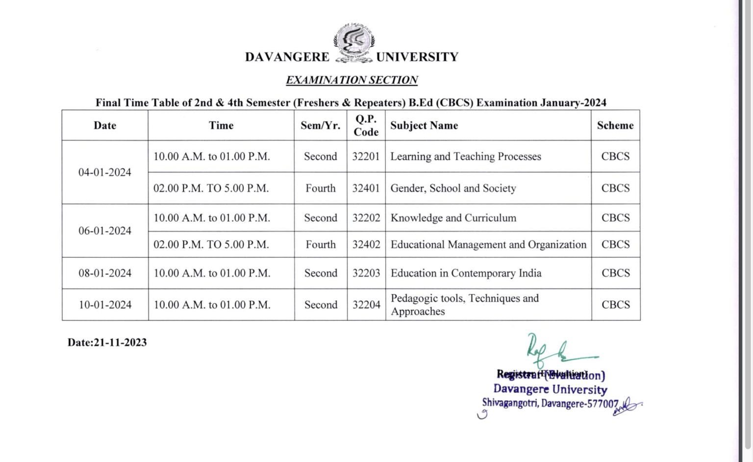 Davangere University Time Table 2025 (OUT) Degree Exam Time Table UG PG