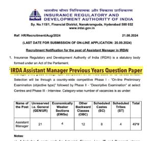 IRDA Assistant Manager Previous Years Question Paper Download PDF