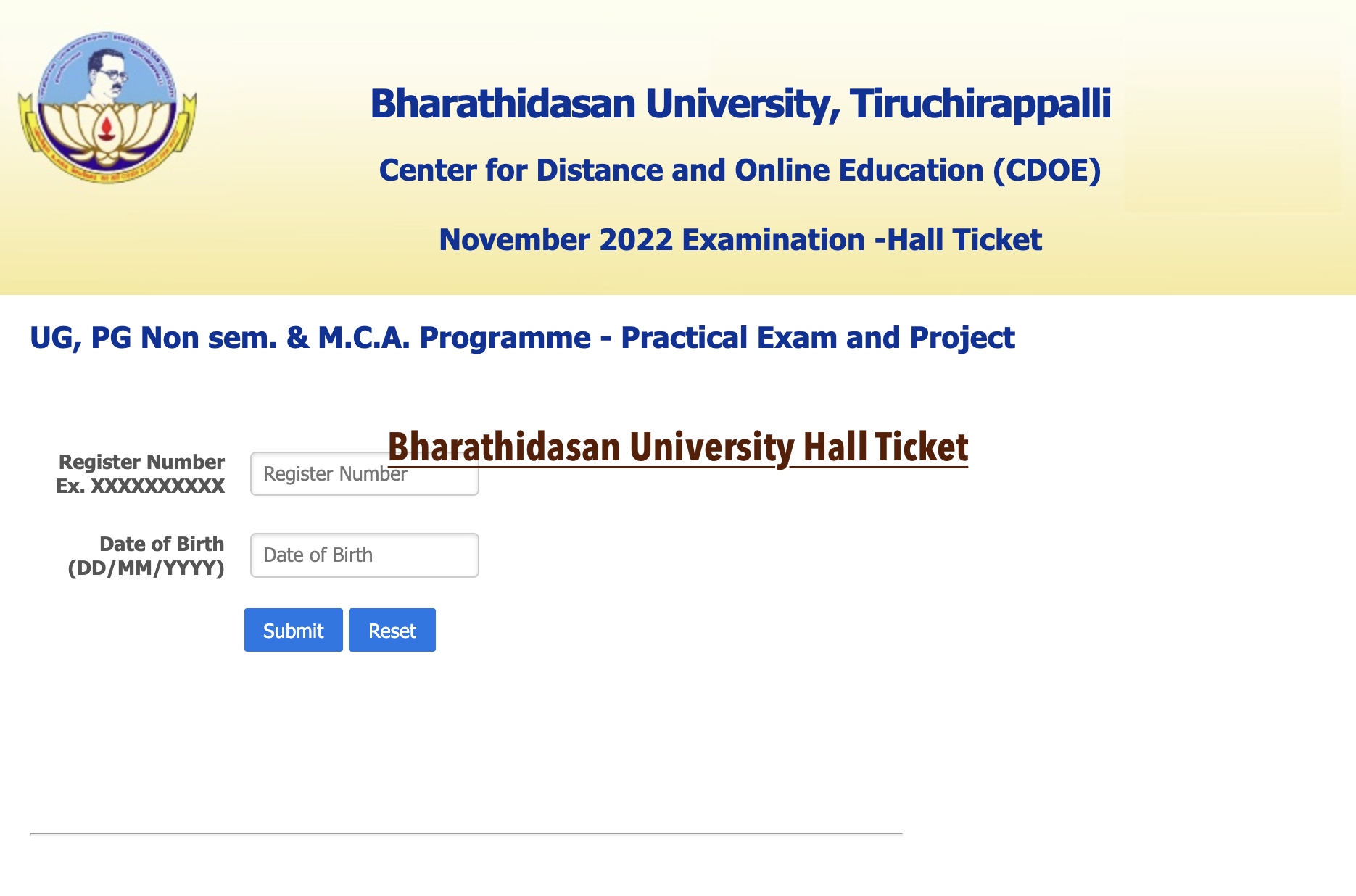 Bharathidasan University Hall Ticket 2025 BDU CDE Distance Education