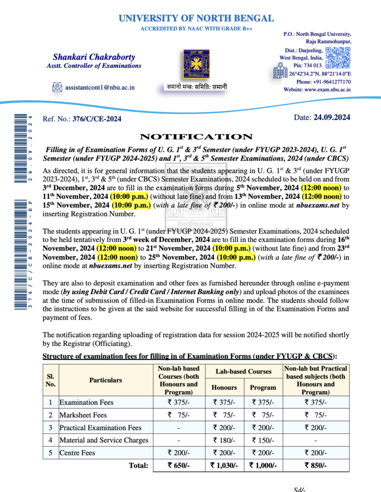 NBU Exam Routine 2024 Download 1st, 3rd, 5th Sem Exam Date {out}