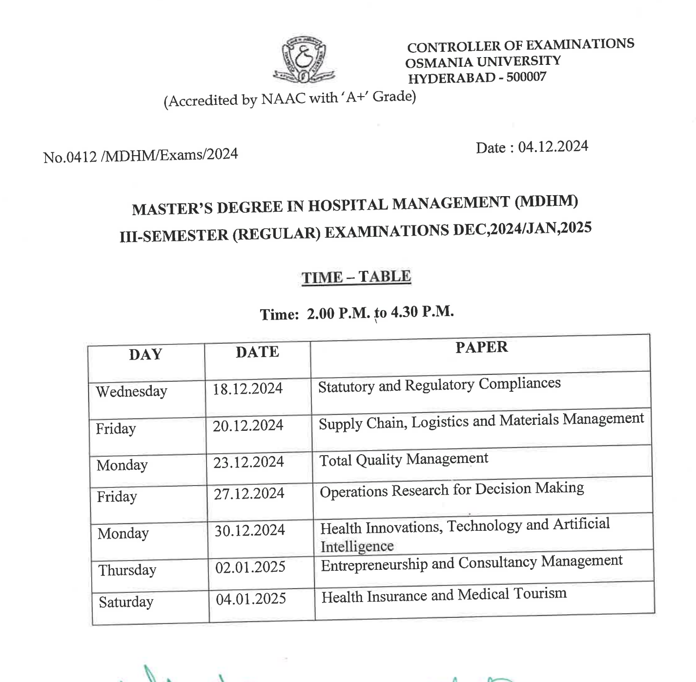 Osmania University Time Table 2025 (Out) 1st 3rd 5th Sem Exam Date