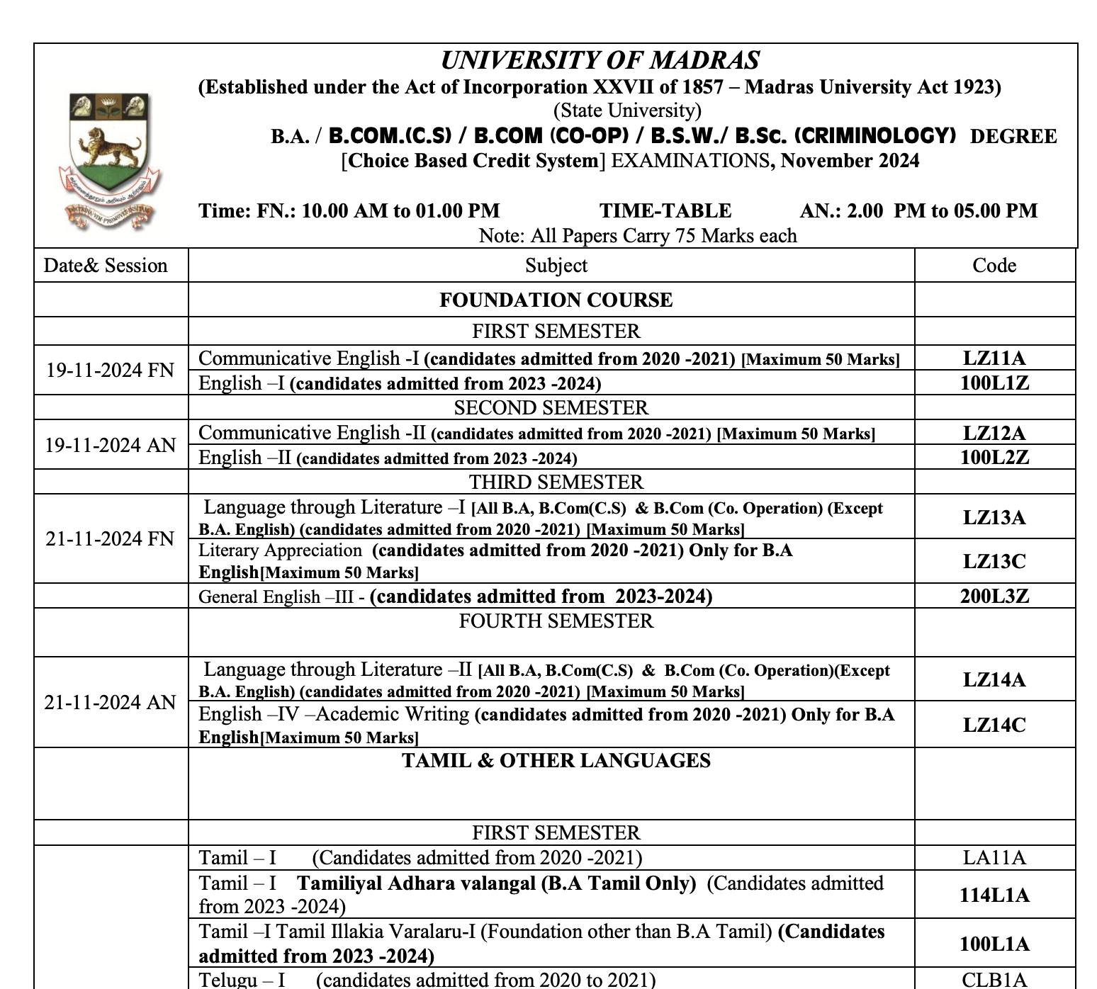 Madras University Exam Time Table 2025 Semester 1st 2nd 3rd 4th 5th 6th ...