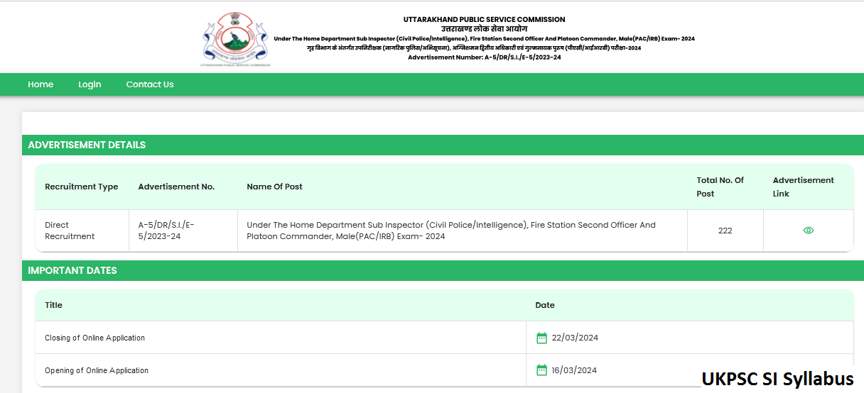 UKPSC SI Syllabus 2024 Exam Pattern Download PDF