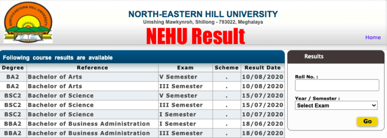 NEHU Result 2023 {Out} Semester Result UG PG Check Online