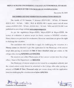 MEPCO Schlenk Engineering College Results 2024 Download cut Off Marks ...