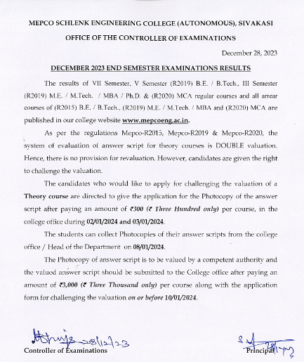 MEPCO Schlenk Engineering College Results 2024 Download cut Off Marks ...