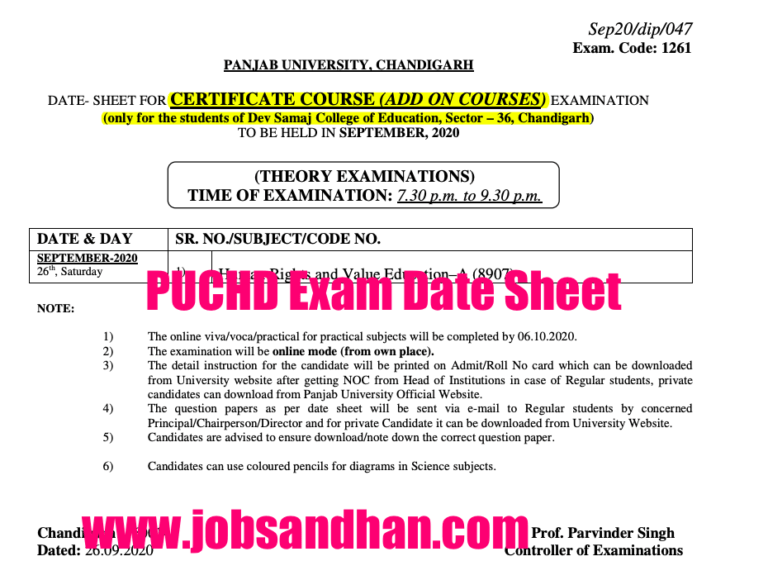 PUCHD Date Sheet 2023 | {Out} BA BSc BCom Semester Exams